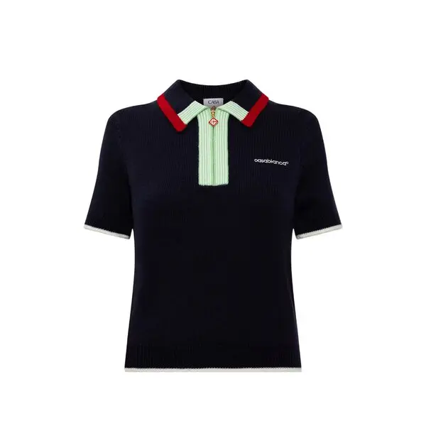 Casablanca Merino Wool Zip Polo Top With Embroidered Logo - Blue