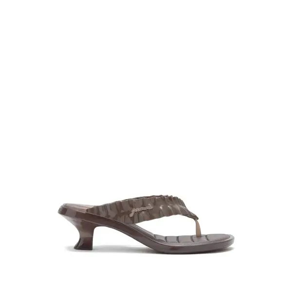 GANNI Slip-on Ruffled Slides With Strawberry Print - Brown