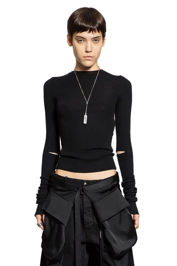 ANN DEMEULEMEESTER Superfine Merino Ribbed Knit Crewneck Sweater With Cut-out Sleeves - Black