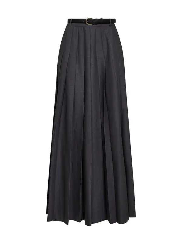 SELF-PORTRAIT Grey Wool Blend Belted Pleated Maxi Skirt - Multicolor