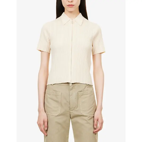 Victoria Beckham Ribbed Knit Short Sleeve Polo Top