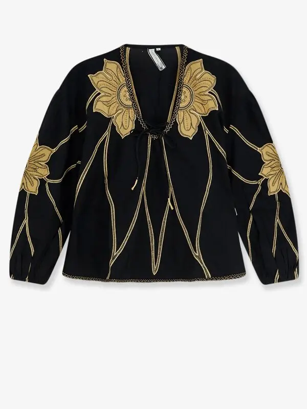 SCARLETT POPPIES V-neck Embroidered Cotton Shirt - Black