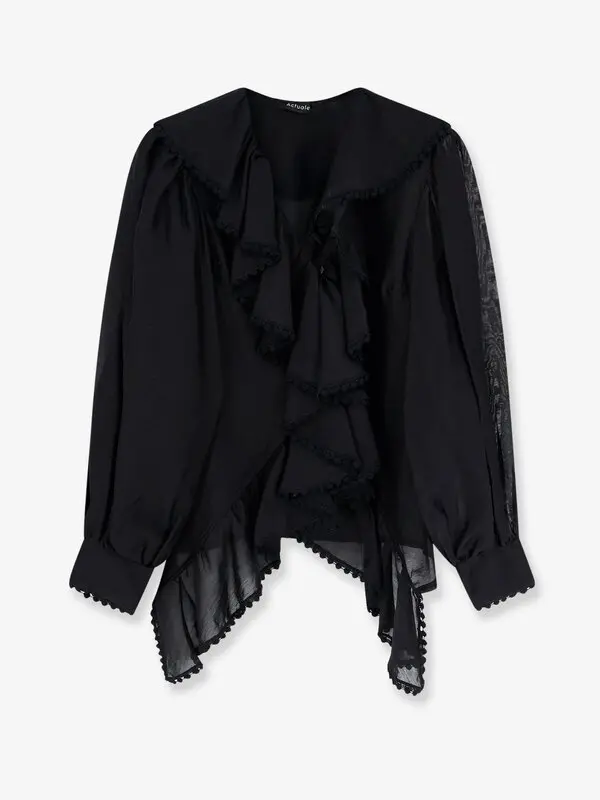 ACTUALEE Ruffled V-neck Shirt With Embroidered Trim - Black