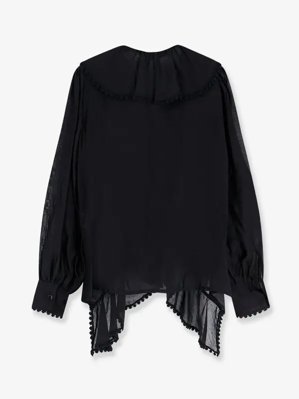 ACTUALEE Ruffled V-neck Shirt With Embroidered Trim - Black