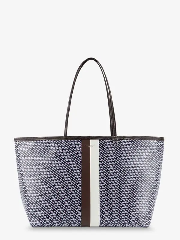 Tory Burch Racer Tote Shoulder Bag In Coated Canvas With Allover Logo - Blue