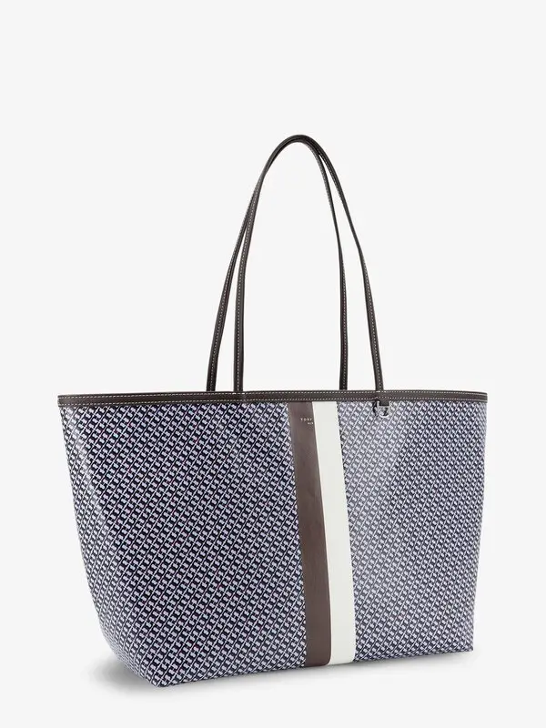 Tory Burch Racer Tote Shoulder Bag In Coated Canvas With Allover Logo - Blue