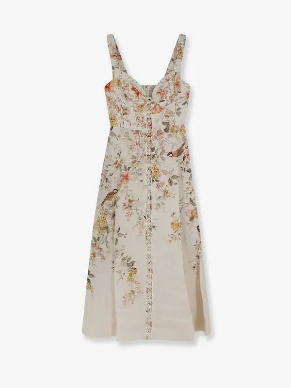 Zimmermann Luna Linen Midi Dress With Allover Floral Print - Beige
