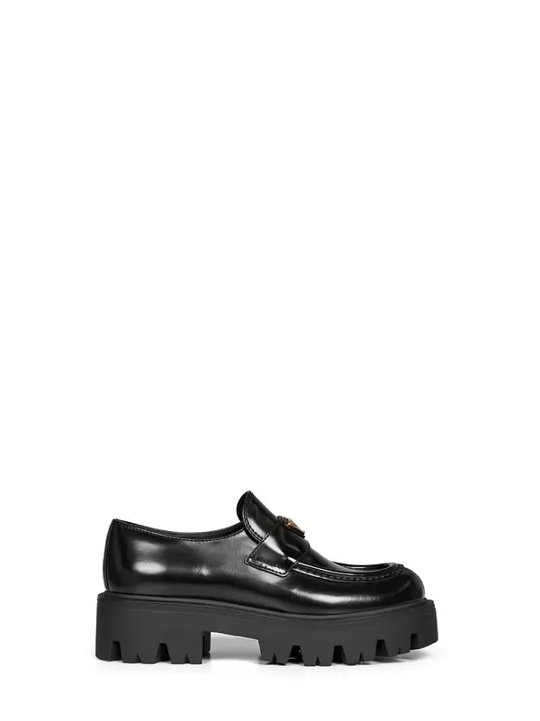 Prada Black Brushed Leather Loafers With Enameled Metal Triangle Logo - Multicolor