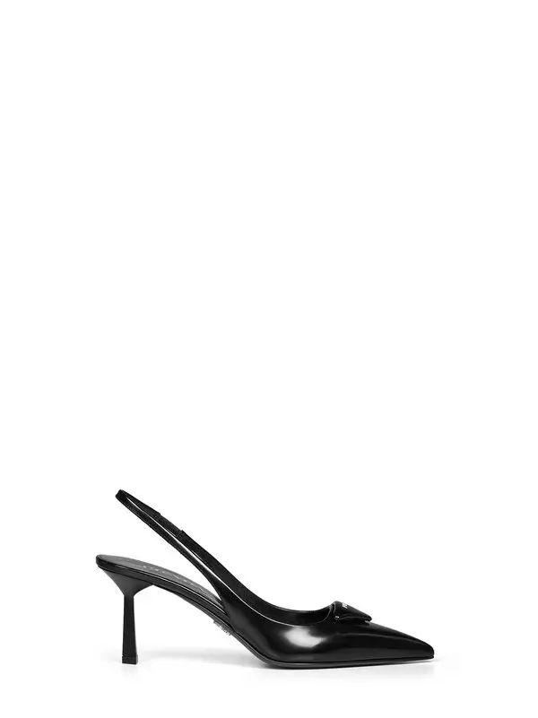 Prada Black Brushed Leather Slingback Pumps With Triangle Logo Detail - Multicolor