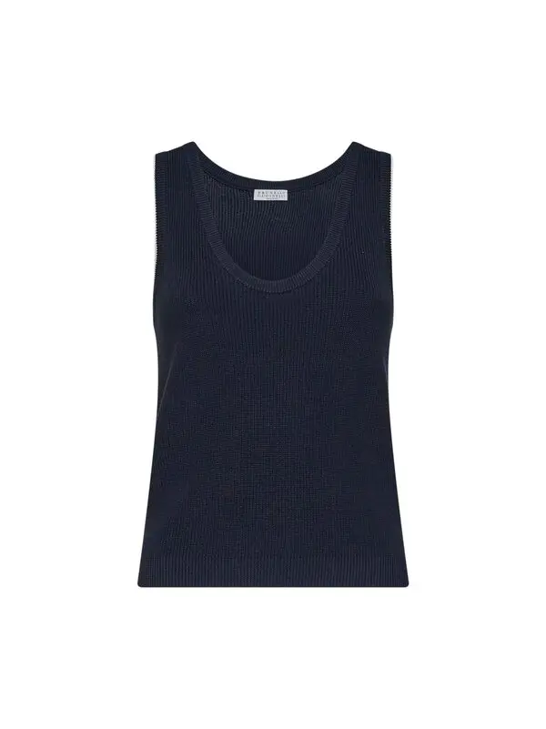 Brunello Cucinelli Blue Ribbed Cotton Knit Top - Multicolor
