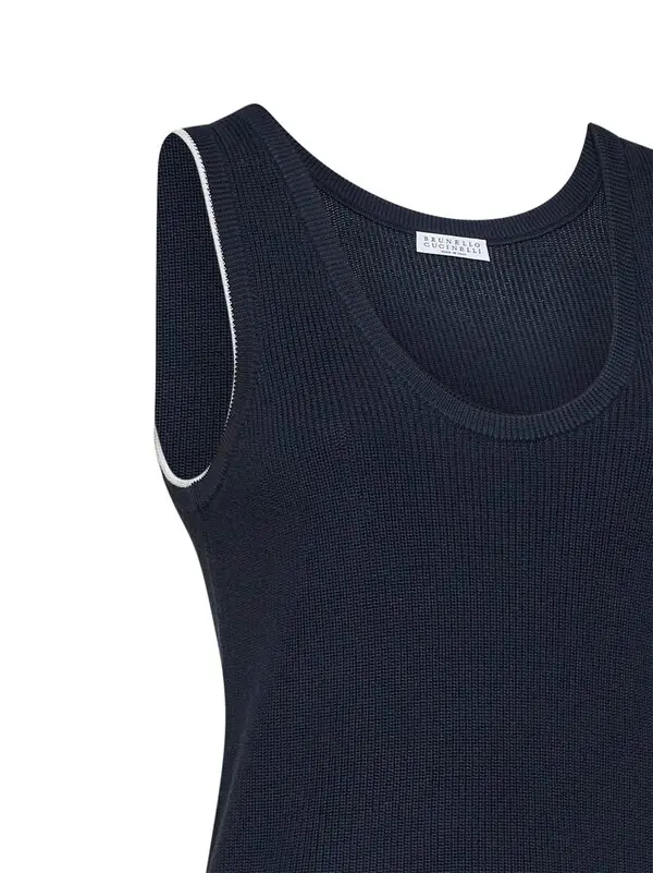 Brunello Cucinelli Blue Ribbed Cotton Knit Top