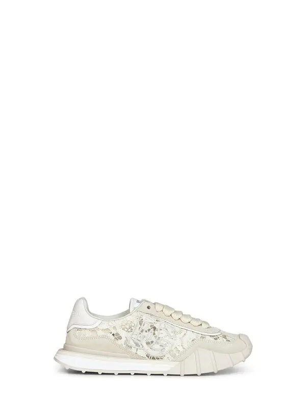 Dolce & Gabbana Beige And Chalk Lace And Calf Suede Low-top Sneakers - Multicolor