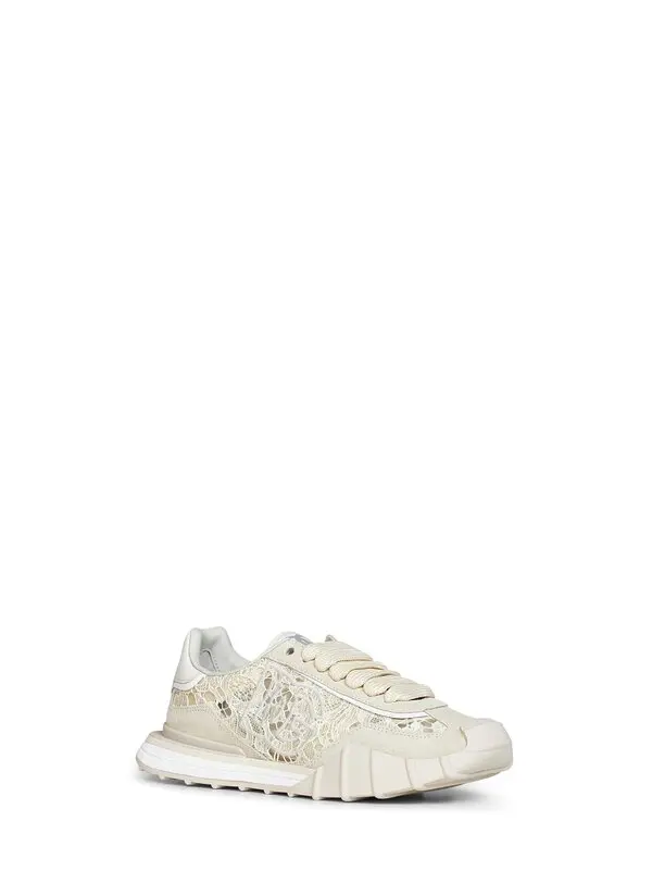 Dolce & Gabbana Beige And Chalk Lace And Calf Suede Low-top Sneakers
