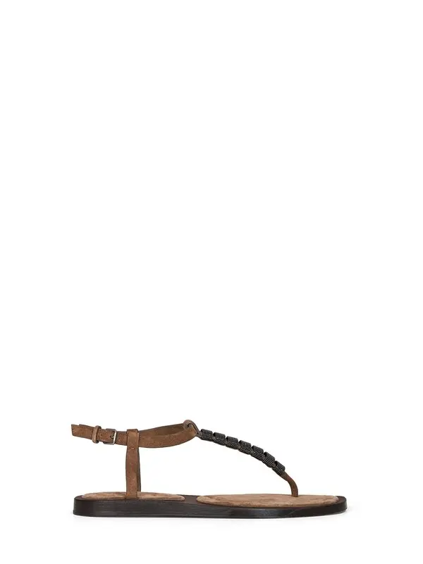 Brunello Cucinelli Suede Thong Sandals With Monili Embellishment - Multicolor