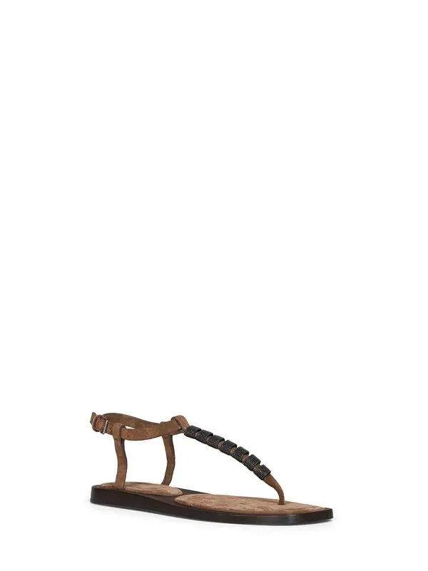 Brunello Cucinelli Suede Thong Sandals With Monili Embellishment
