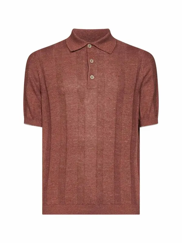 Brunello Cucinelli Terracotta Wide Ribbed Linen And Cotton Knit Polo Shirt - Multicolor