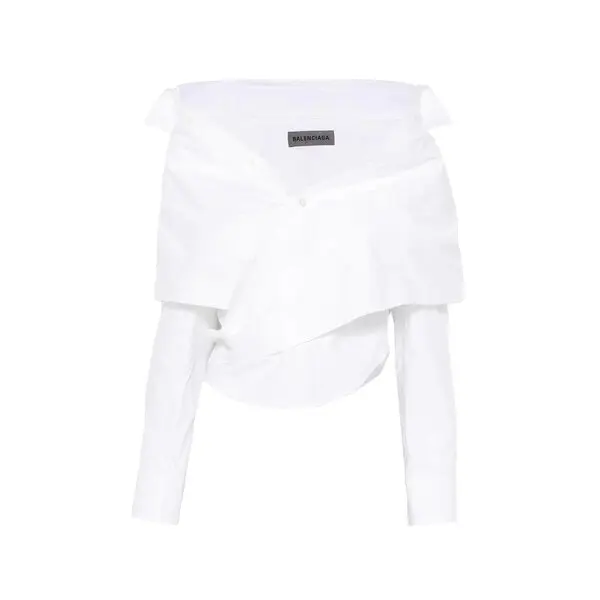 Balenciaga White Cotton Off-the-shoulder Wrap Blouse - Blue