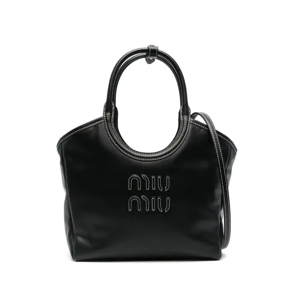 Miu Miu Calf Leather Tote Bag With Contrast Stitching - Black