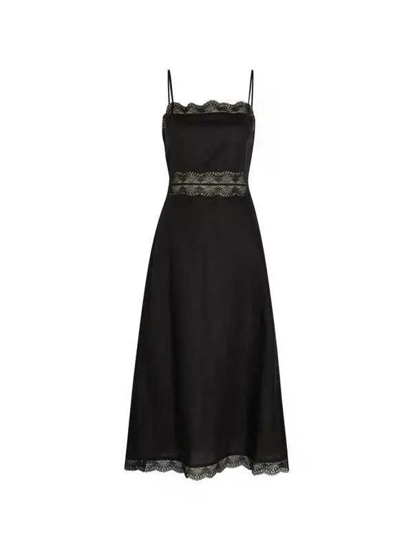 Staud Linen Midi Dress With Lace Trim - Black