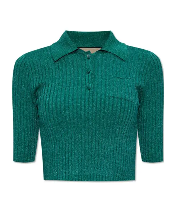Gucci Ribbed Lamé Cropped Polo Shirt - Green