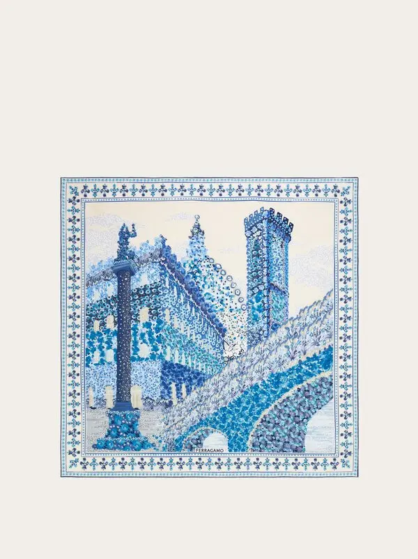 FERRAGAMO Palazzo Spini Feroni Print Silk Scarf - Blue
