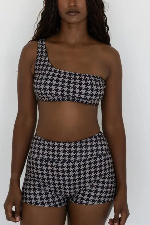 Geode Swimwear Bristol Bikini Top Houndstooth One-shoulder - Brown