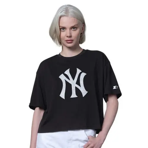 STARTER New York Yankees Sequin Logo Cropped T-shirt - Black