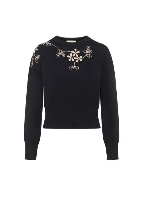 VERSATILE Embroidered Floral Front Knit Sweater - Black