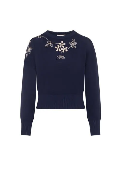 VERSATILE Embroidered Floral Front Knit Sweater - Navy
