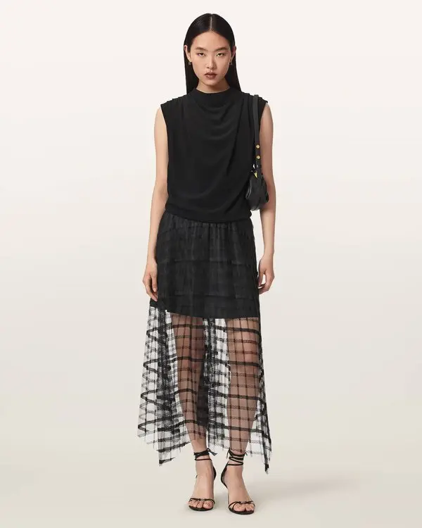 ALLSAINTS Celia Sheer Overlay Midi Skirt - Black