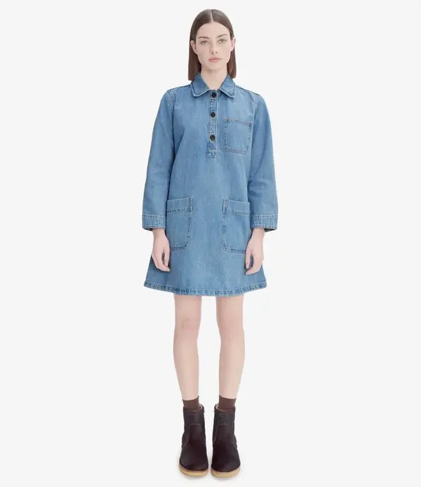 A.p.c. Flared Mid-thigh Denim Dress With Shirt Collar And Pockets - Indigo