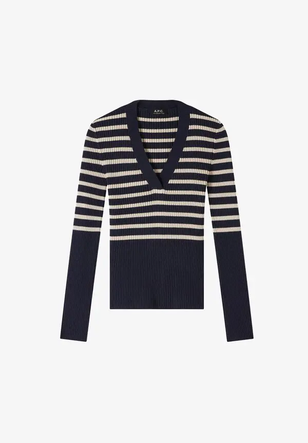 A.p.c. V-neck Striped Ribbed Sweater - Navy Blue/ecru