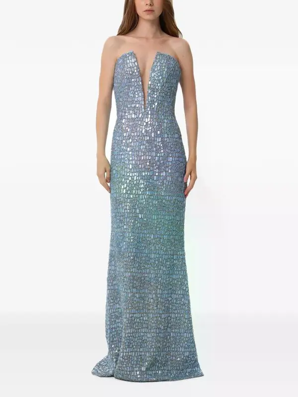 DINA MELWANI Crystal Embellished Mesh Maxi Dress - Blue