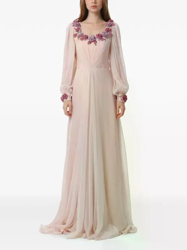DINA MELWANI Silk Maxi Dress With Floral Embellishments - Pink