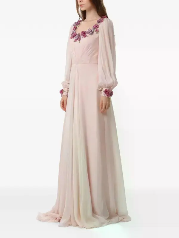 DINA MELWANI Silk Maxi Dress With Floral Embellishments