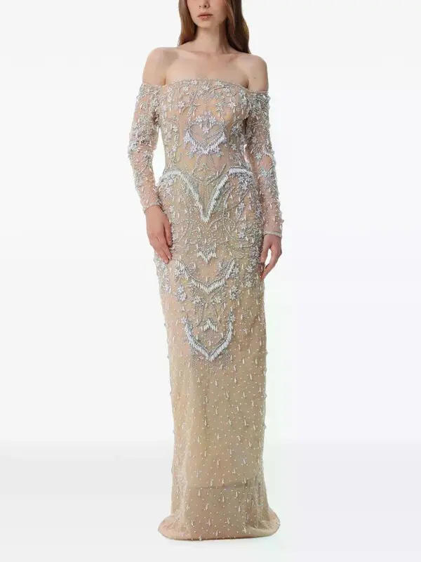 DINA MELWANI Crystal-embellished Off-shoulder Maxi Dress - Neutrals