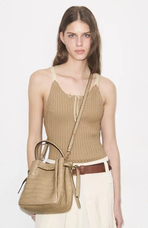 Tory Burch Romy Croc Embossed Leather Bucket Bag - Ginger Leaf