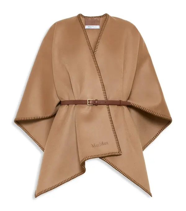 Max Mara Virgin Wool Logo Cape With Belt - Beige