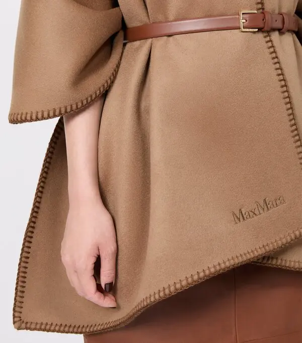 Max Mara Virgin Wool Logo Cape With Belt - Beige
