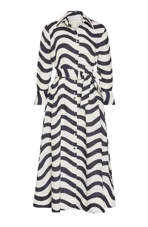 MILLY Lexi Stripe Tie Waist Long Sleeve Midi Shirtdress