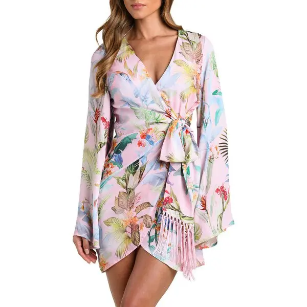 L'Agence Colorful Palms Long Sleeve Cover-up Dress - Pink Multi