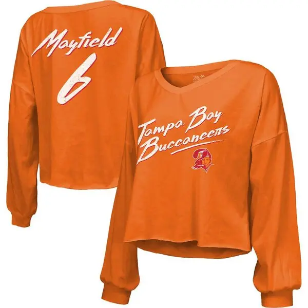 MAJESTIC THREADS Baker Mayfield Tampa Bay Buccaneers Off-shoulder Script Name & Number V-neck T-shirt - Orange
