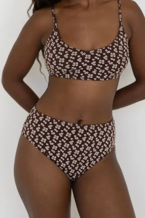 Geode Swimwear Chloe High Waisted Floral Bikini Bottoms - Brown