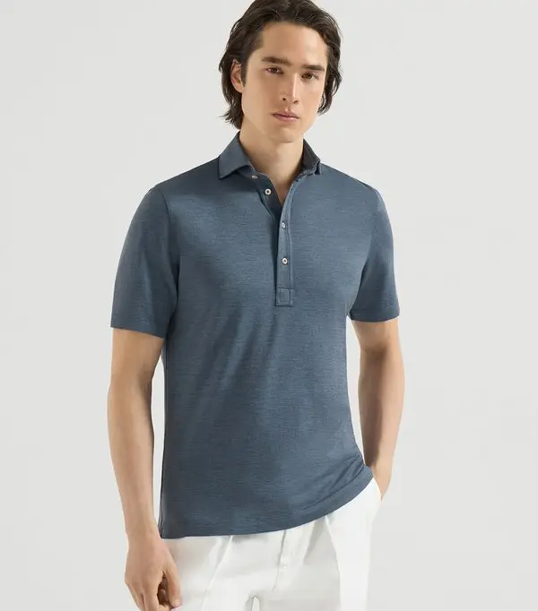 Brunello Cucinelli Virgin Wool-silk-cotton Polo Shirt - Blue