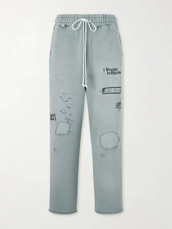 PALY HOLLYWOOD Alta Cienega Distressed Embellished Cotton-fleece Sweatpants - Blue