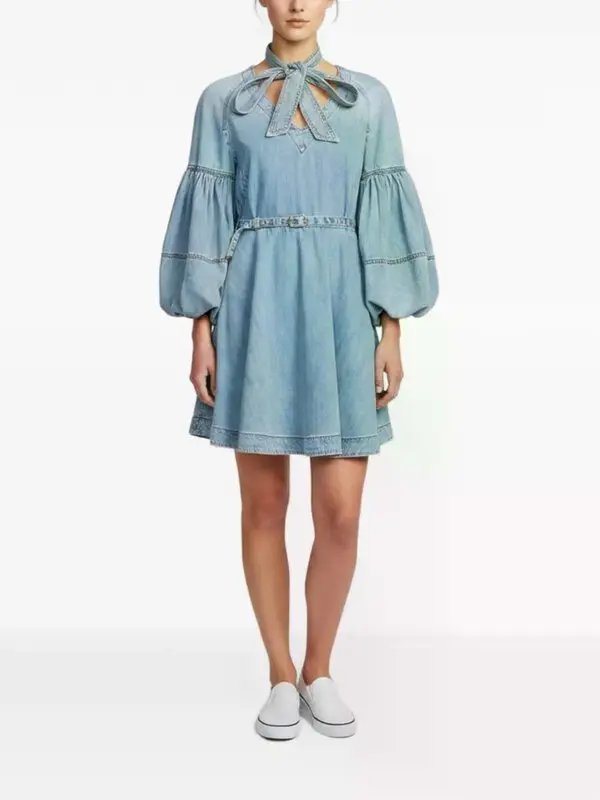 Zimmermann Cotton Puff Sleeve Neck-tie Mini Dress - Blue