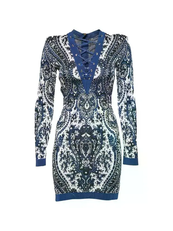 Balmain Paisley-print Lace-up Mini Dress - Blue