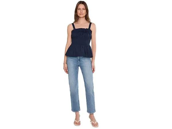 Vince Camuto Shirred Strappy Tank With Ruffle Neck - Navy