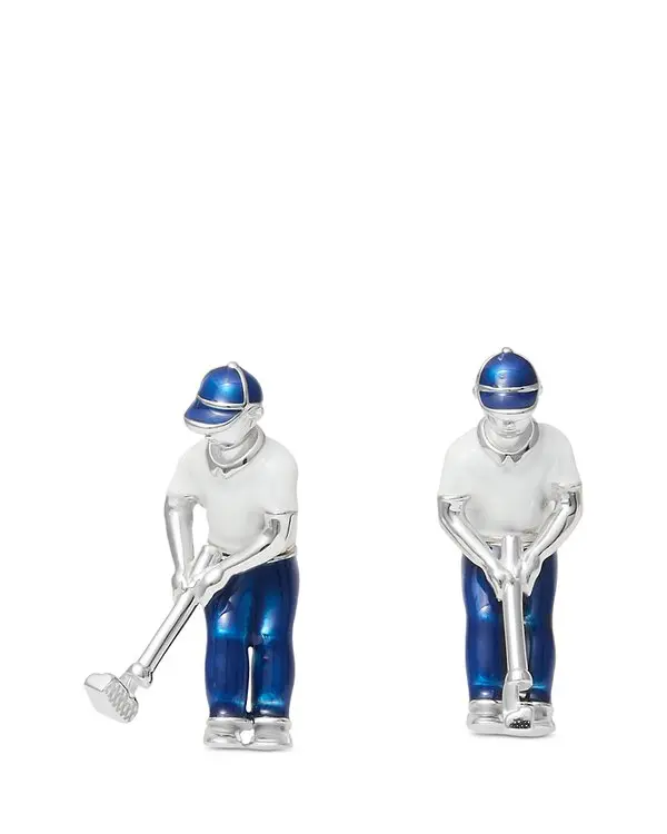 JAN LESLIE Swinging Golfer Hand Painted Sterling Silver Cufflinks - White/blue