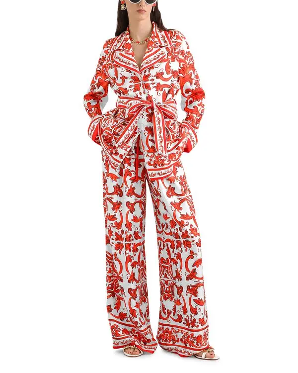 Dolce & Gabbana Majolica Print Silk Wide Leg Trousers